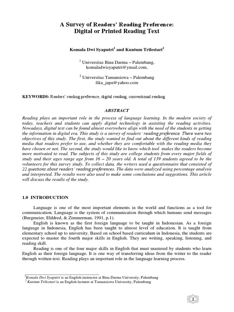 A Survey of Readers Reading Preference Digital or Printed Text | PDF ...
