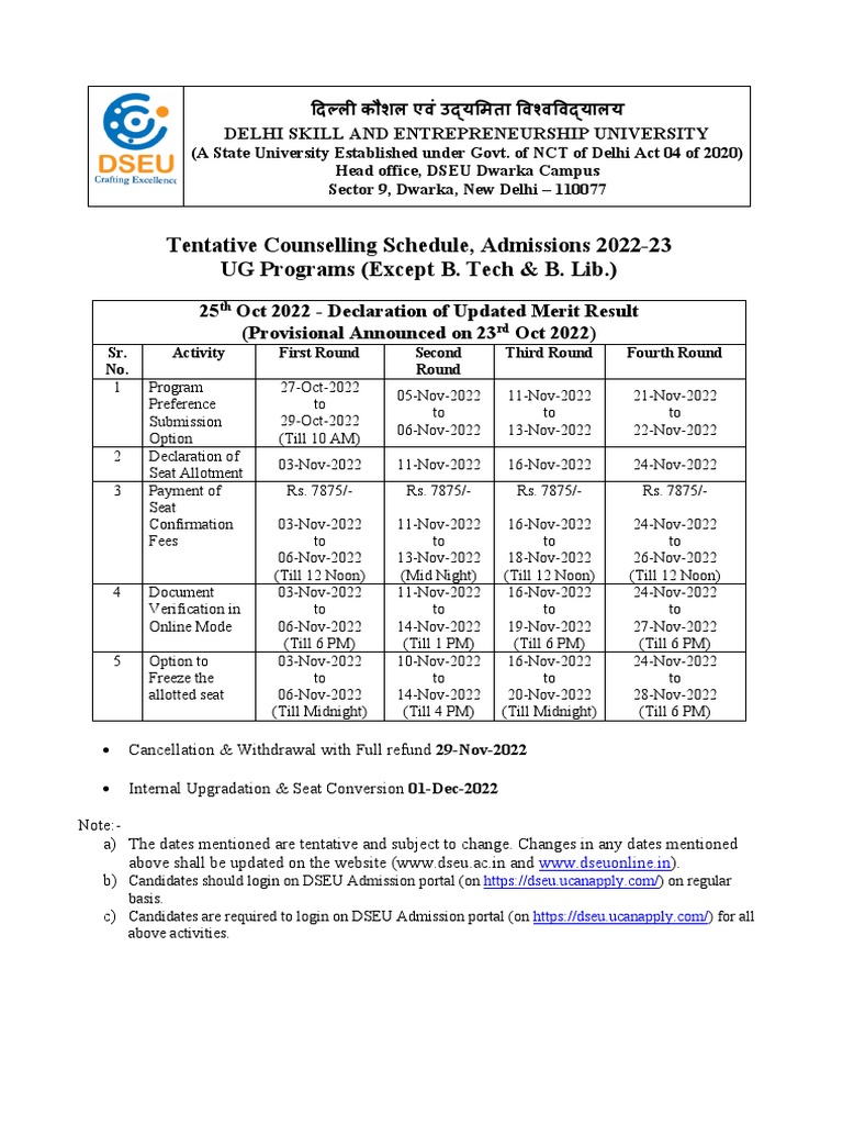 Tentative Counselling Schedule, Admissions 2022-23 UG Programs (Except ...