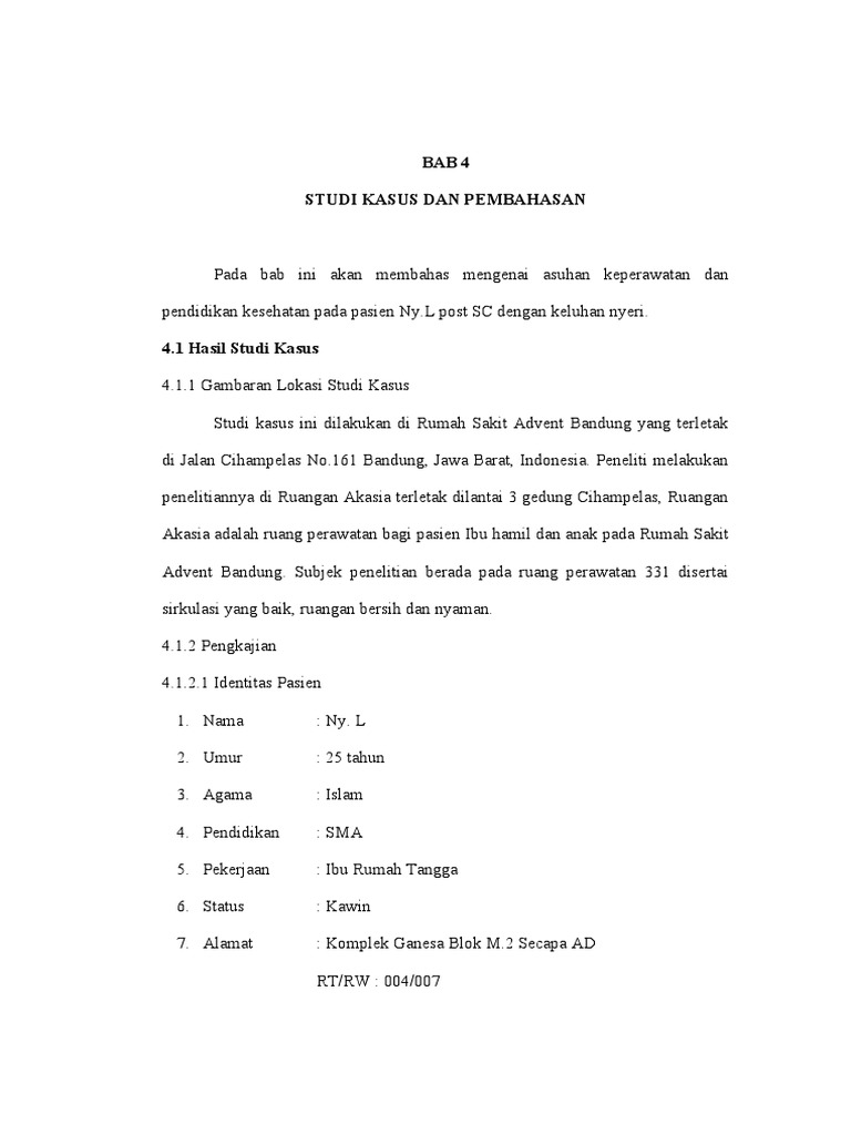 Asuhan Keperawatan Nyeri Post SC di RS Advent Bandung | PDF