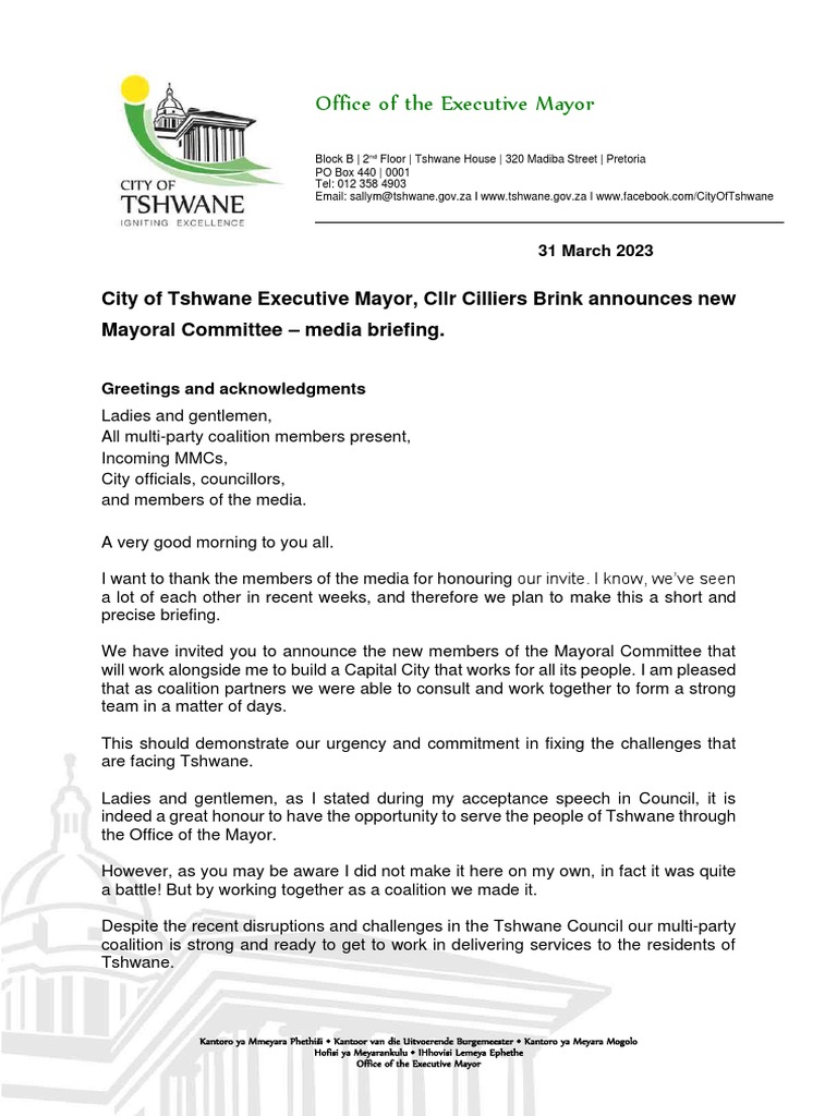 (Media Statement Office of The Executive Mayor) Mayoral Committe ...