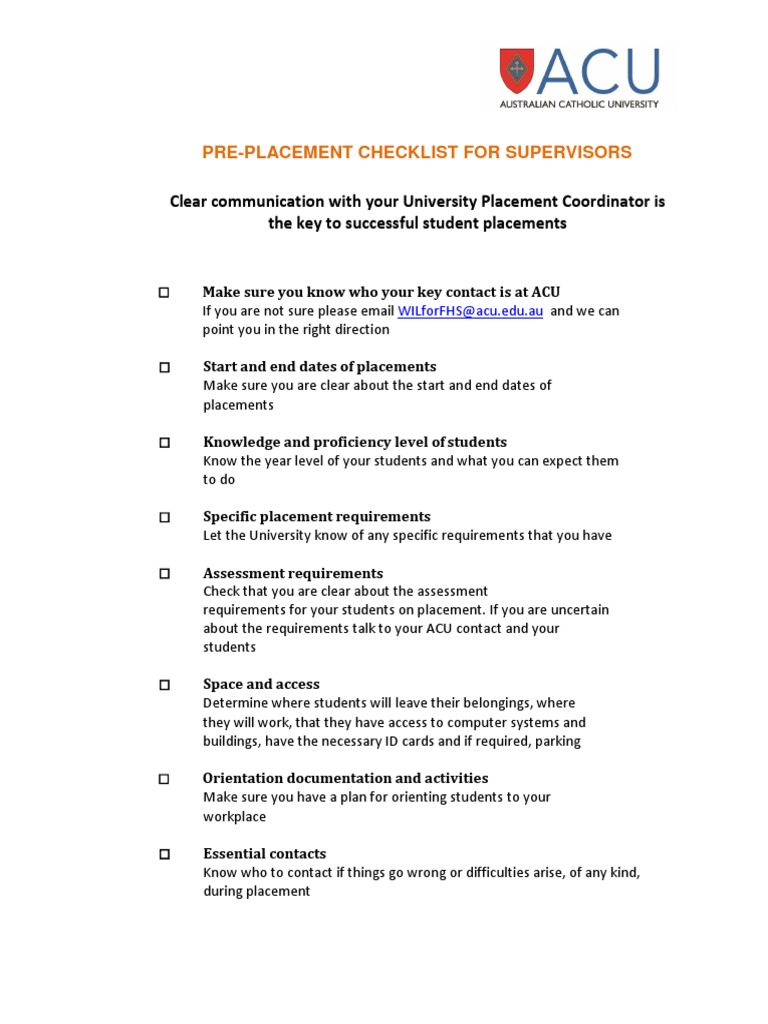 Pre Placement Checklist | PDF