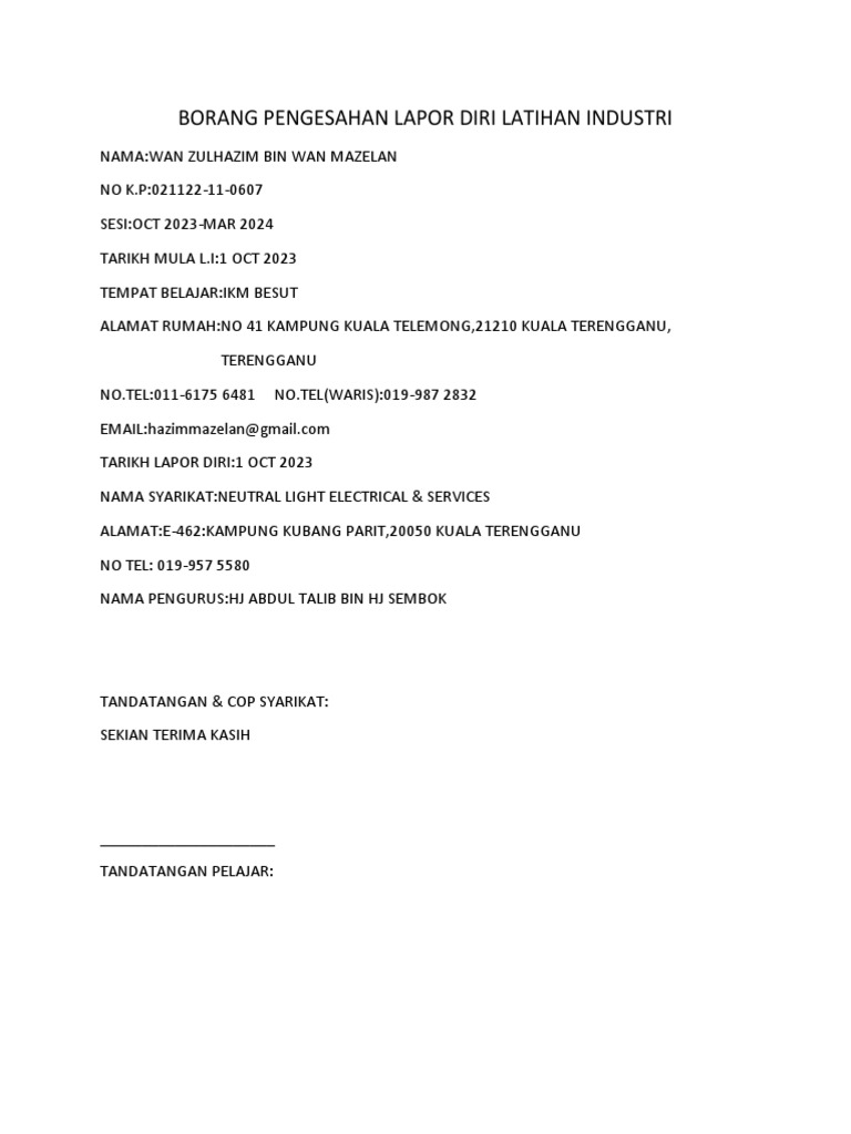 Borang Pengesahan Lapor Diri Latihan Industri | PDF