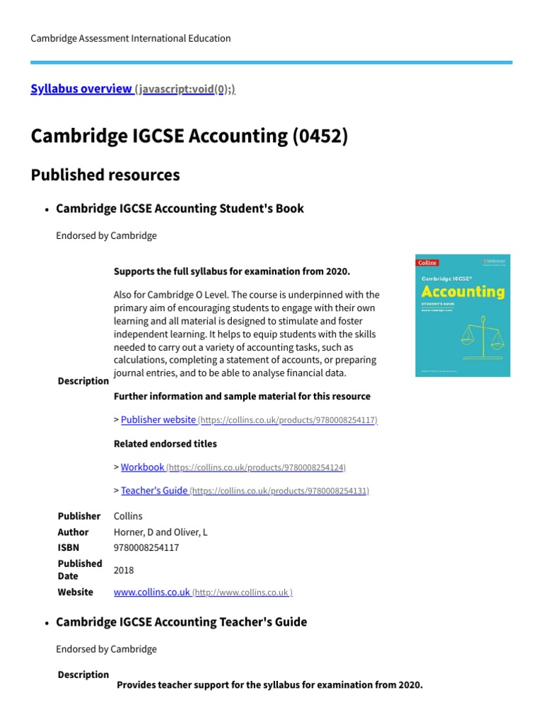 Cambridge IGCSE Accounting (0452) | PDF | Textbook | Teachers