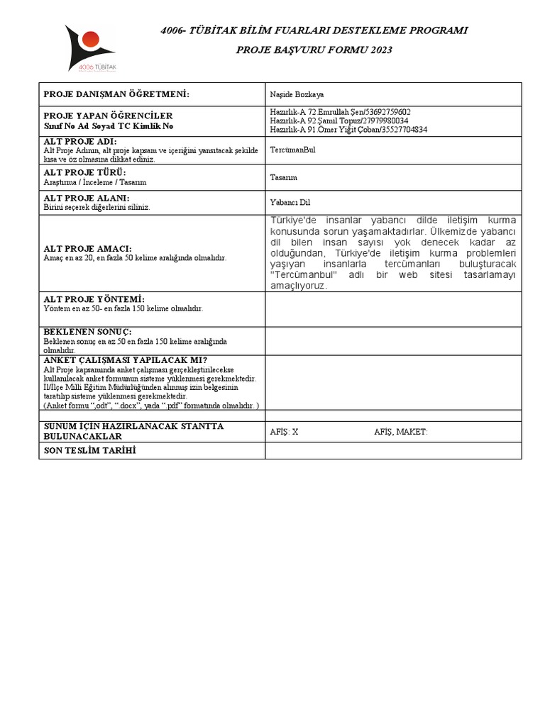 4006-Tübitak Bilim Fuarlari Destekleme Programi Proje Başvuru Formu 2023 | PDF