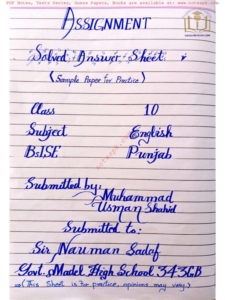 10th English Solved BISE Sample Answer Sheet - Nauman Sadaf | PDF