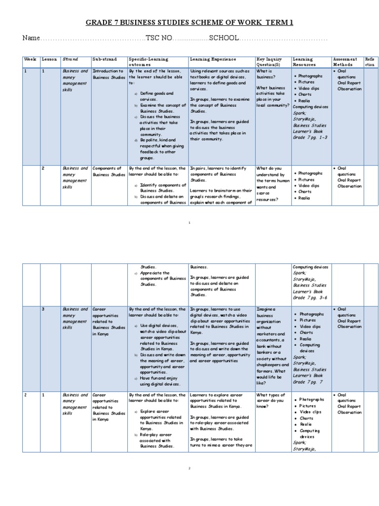 Grade 7 CBC Business Studies Schemes of Work Term 1 | PDF | Learning ...