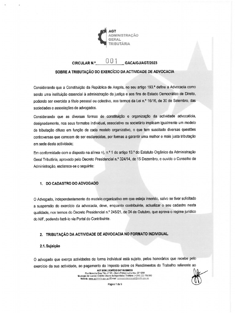 Circular Nº001 - GACA - GJ - AGT - 2023 - Sobre Tributação Do Exercício ...