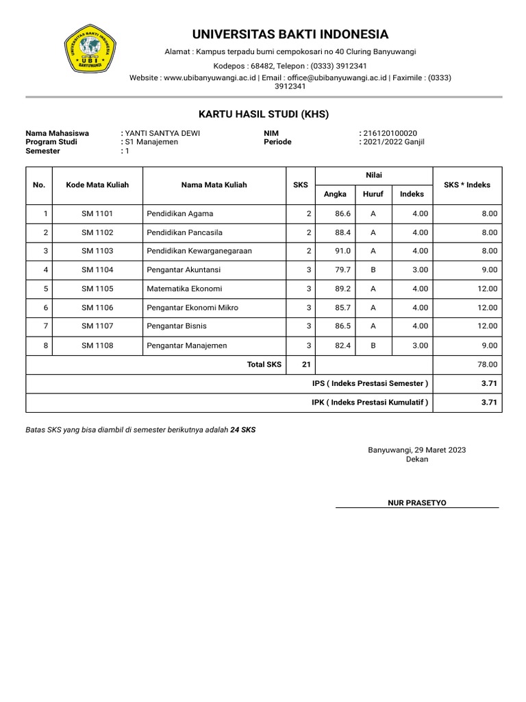 Laporan KHS Mahasiswa Sem1 (Santya) | PDF