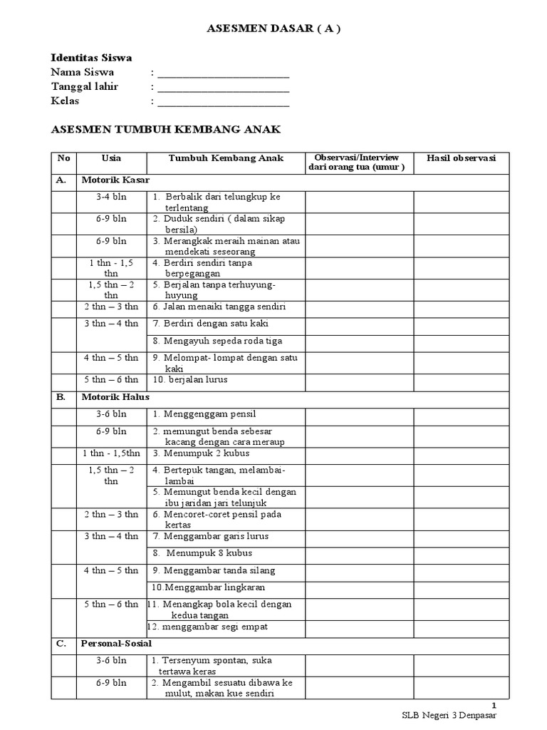 Asesmen Dasar (A) (Tumbang & Pra Akademik) | PDF
