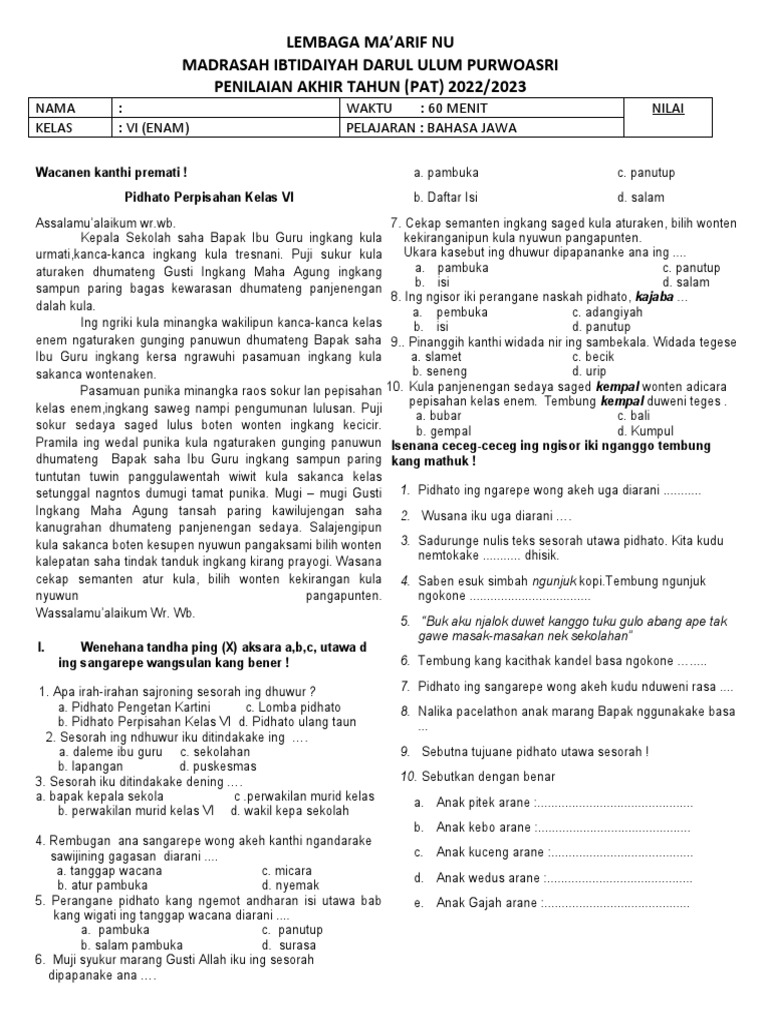 Soal PTS 2 Bahasa Jawa Kelas 6 K13 | PDF