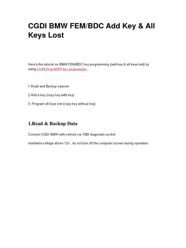 Cgdi BMW Fem BDC Add Key All Keys Lost Guide | PDF | Technology ...