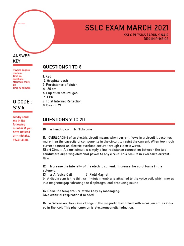 SSLC 2021 Physics Answer Key | PDF | Inductor | Transformer