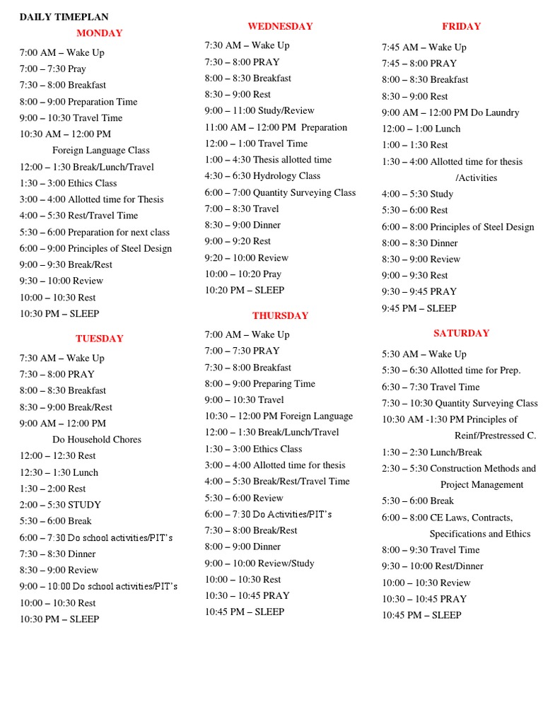 Daily Timeplan | PDF