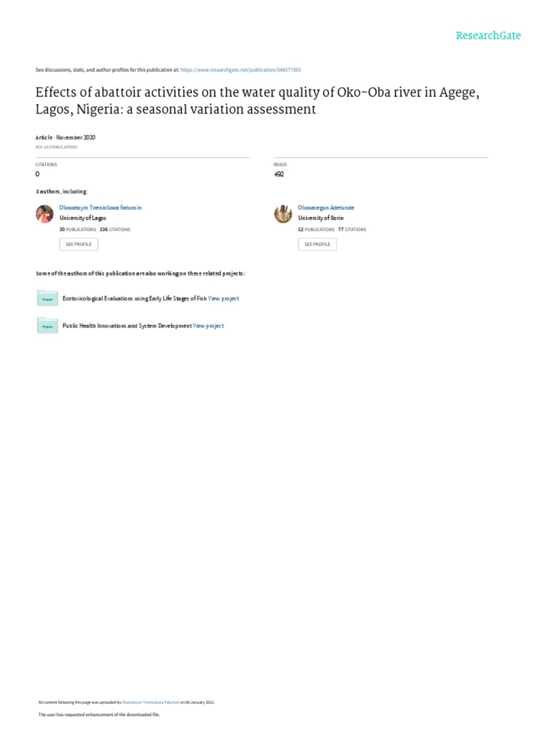 Abattoir Impact on Oko-Oba River Quality | PDF | Titration | Chemistry