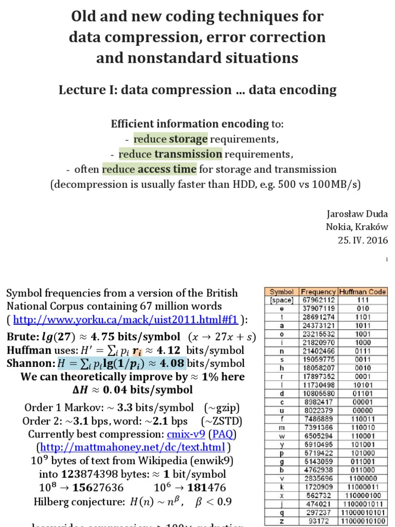 Lecture I: Data Compression Data Encoding: Efficient Information Encoding To | PDF | Data ...