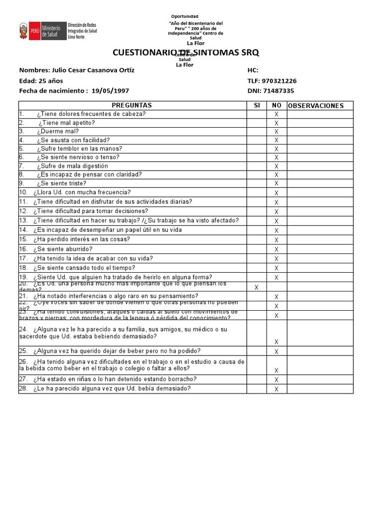 Cuestionario de Sintomas SRQ | PDF