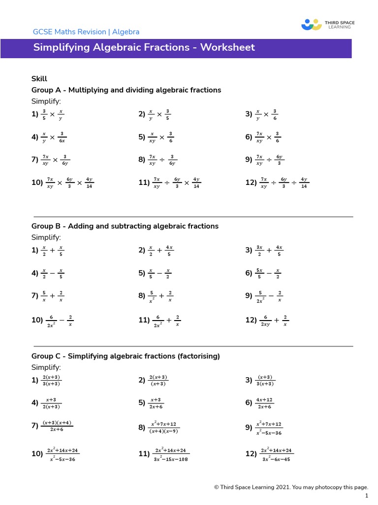Simplifying Algebraic Fractions - Worksheet: Simplify: × × × | PDF ...