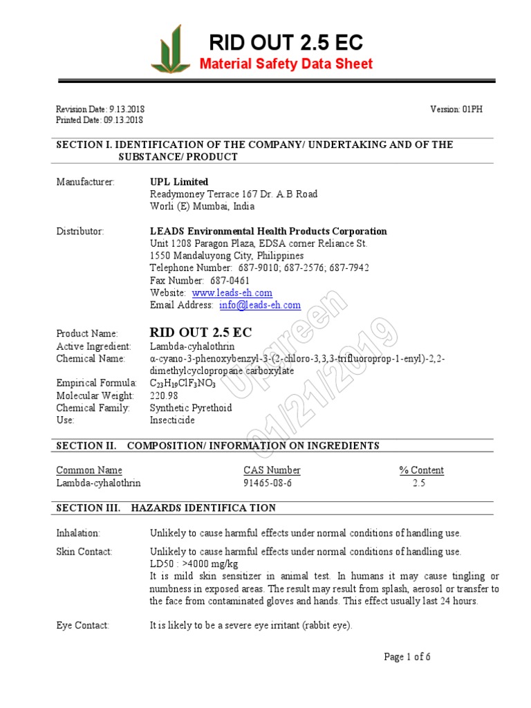Rid Out 2.5 Ec MSDS | PDF | Water | Firefighting