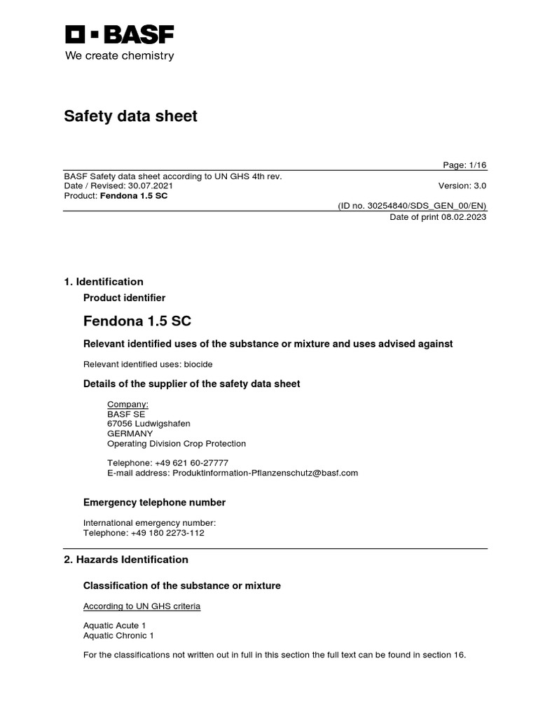 Fendona 1.5 SC Safety Data Sheet | PDF | Dangerous Goods | Toxicity