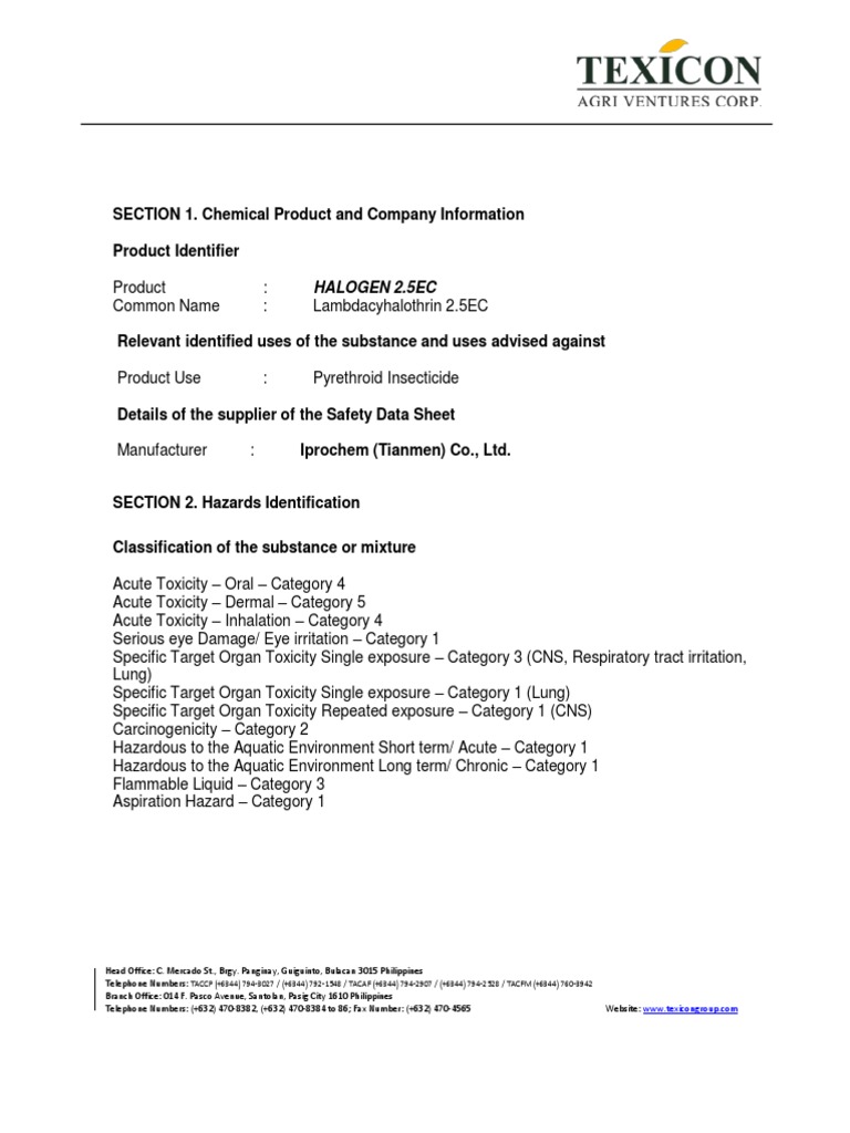 Halogen 2.5EC Safety Data Sheet | PDF | Dangerous Goods | Toxicity