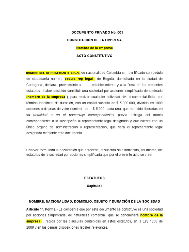 Modelo de Estatutos Empresa Unipersonal | PDF | Compartir (Finanzas) | Ley de fideicomiso