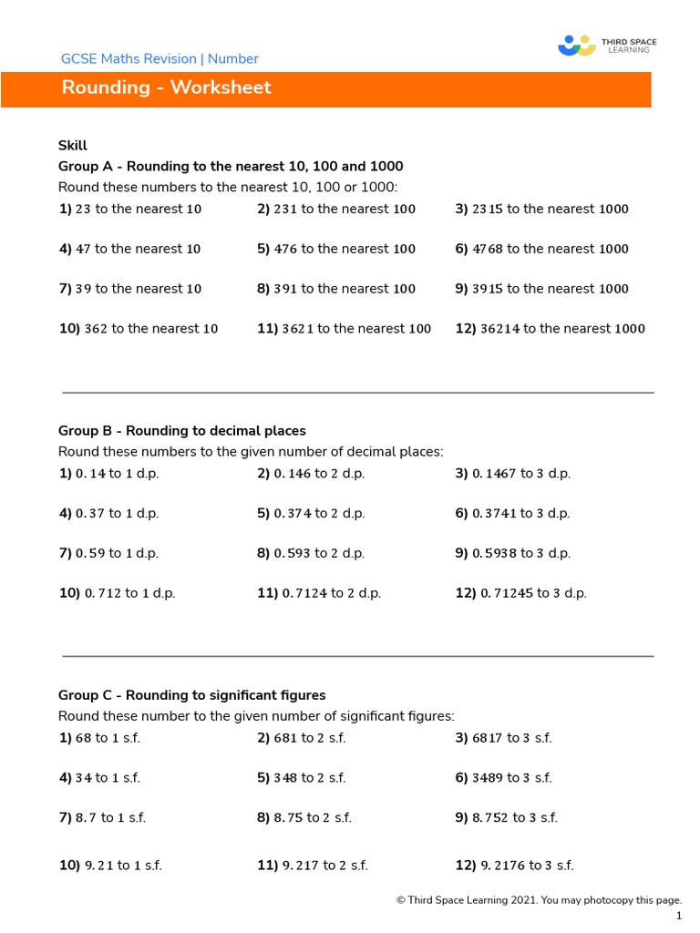 Rounding - Worksheet: Skill Group A - Rounding To The Nearest 10, 100 and 1000 1) 2) 3) 4) 5) 6 ...