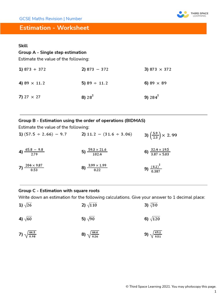 Estimation - Worksheet: Estimate The Value of The Following | PDF | Drink