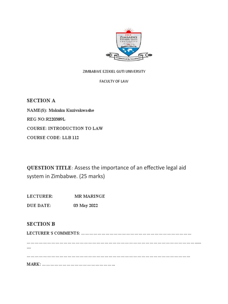 Introduction To Law Assignment 1 LEGAL AID SYSTEM Kuzivakwashe Makuku ...
