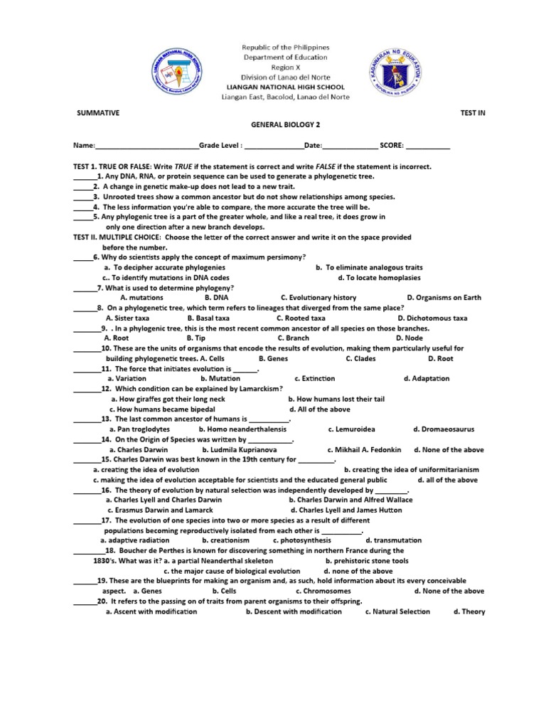 Summative Test in General Biology 2 | PDF | Phylogenetic Tree | Evolution