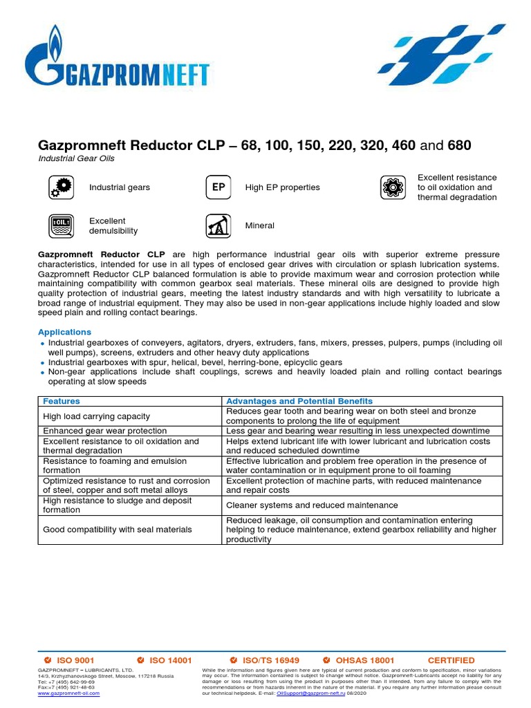 Gazpromneft Reductor CLP - 68, 100, 150, 220, 320, 460 and 680 | PDF ...