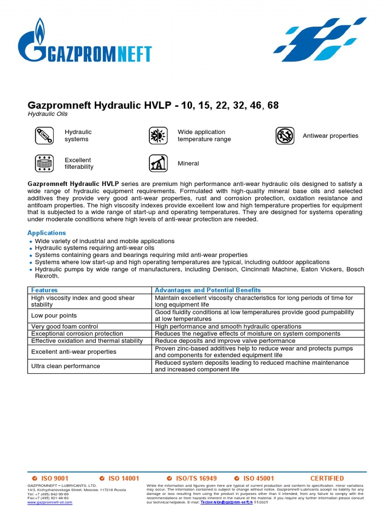 Gazpromneft Hydraulic HVLP - 10, 15, 22, 32, 46, 68 | PDF | Chemical ...