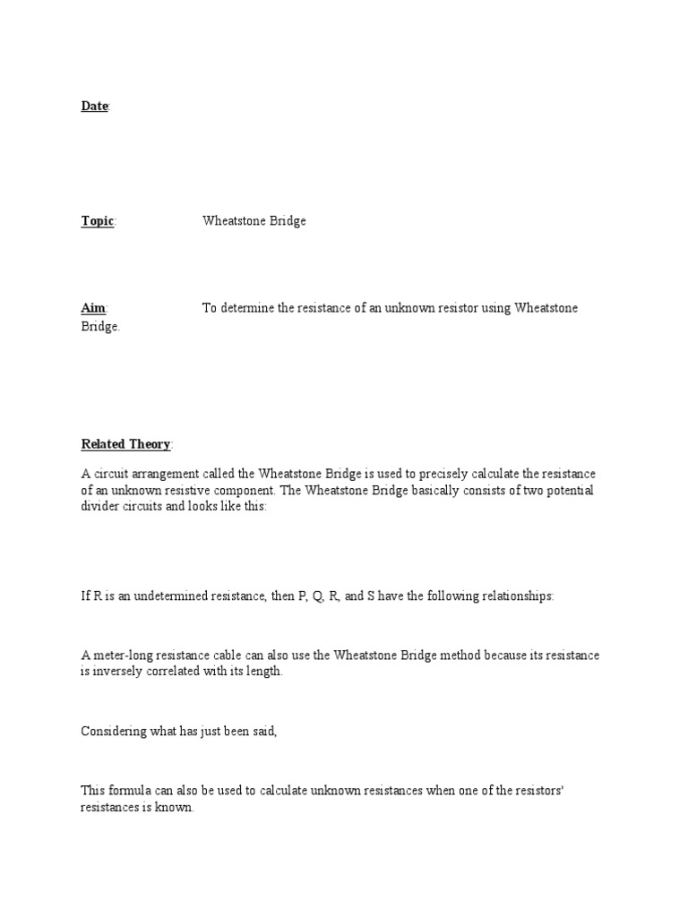 Wheatstone Bridge | PDF | Resistor | Electrical Resistance And Conductance
