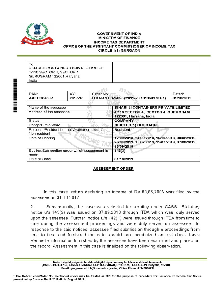 Income Tax Assessment Order 2017-18 | PDF | Expense | Tax Deduction