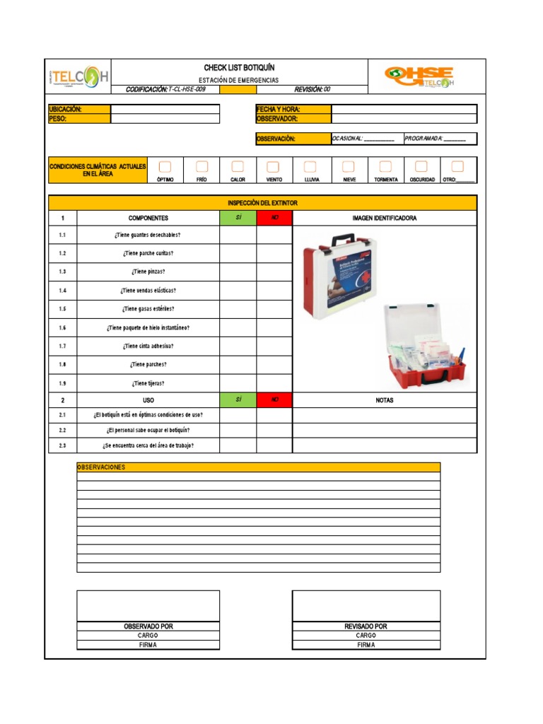 Check List Botiquín: Estación de Emergencias Codificación: T-Cl-Hse-009 ...