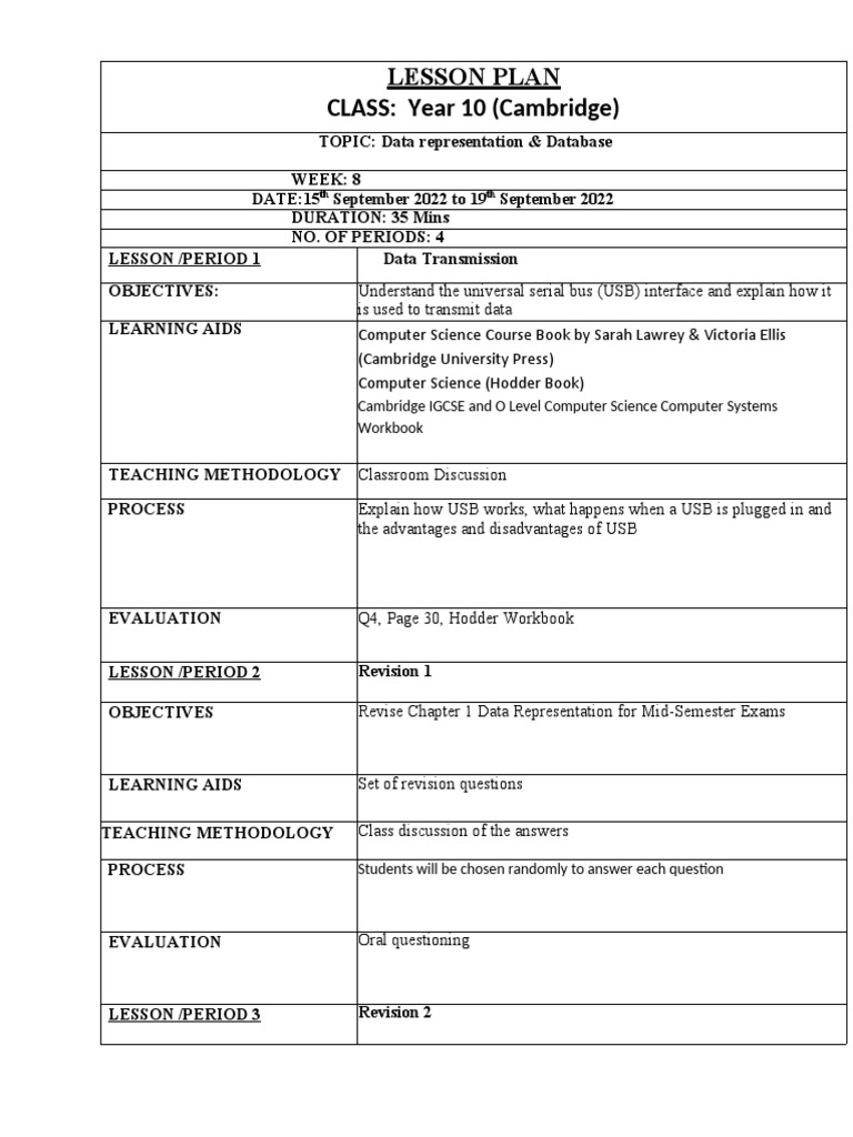 Year 10 Cambridge Lesson Plan Week 11 | PDF