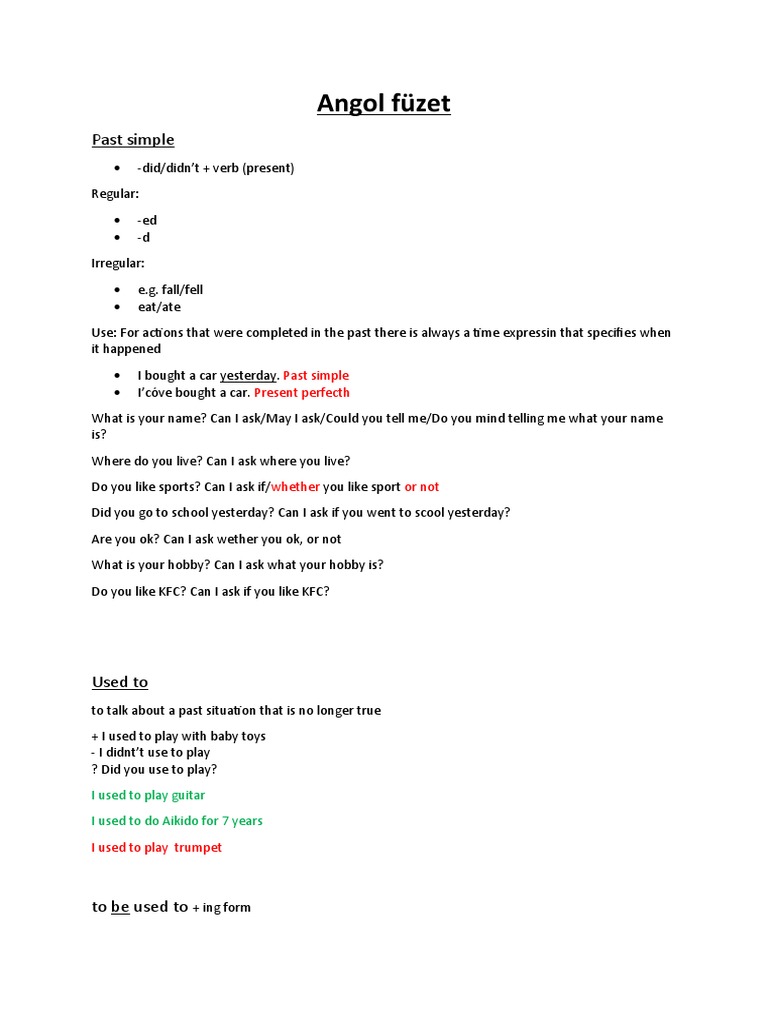 Angol Füzet: Past Simple | PDF | Verb | Subject (Grammar)