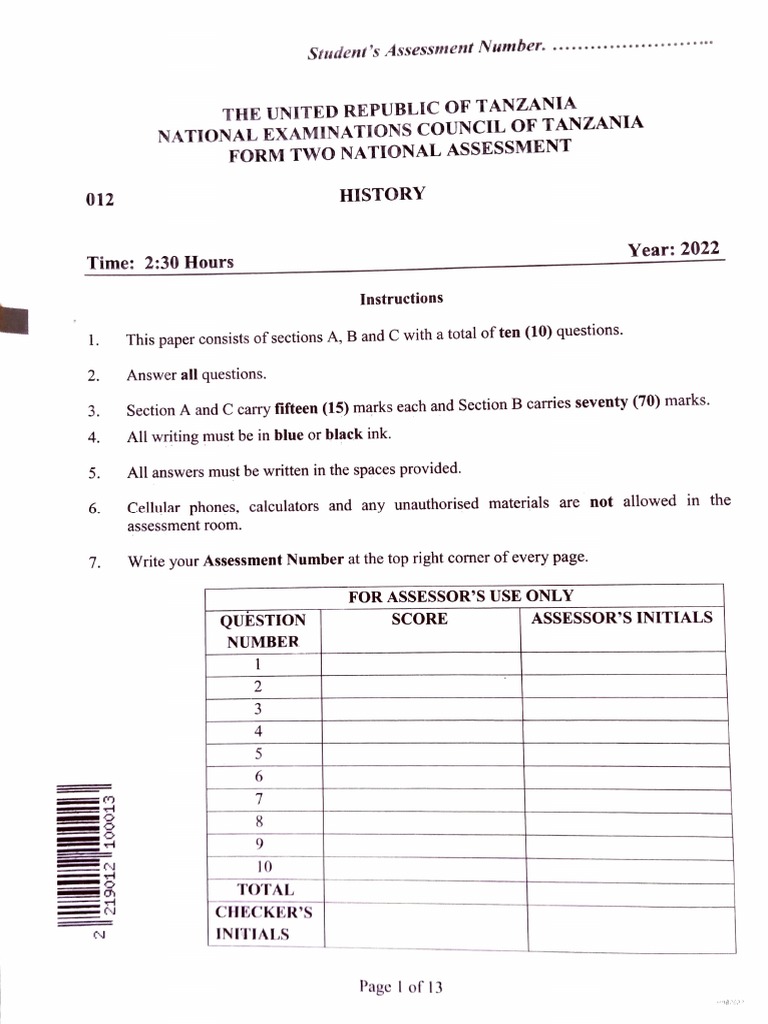 2022 Form Two History Exam Paper | PDF