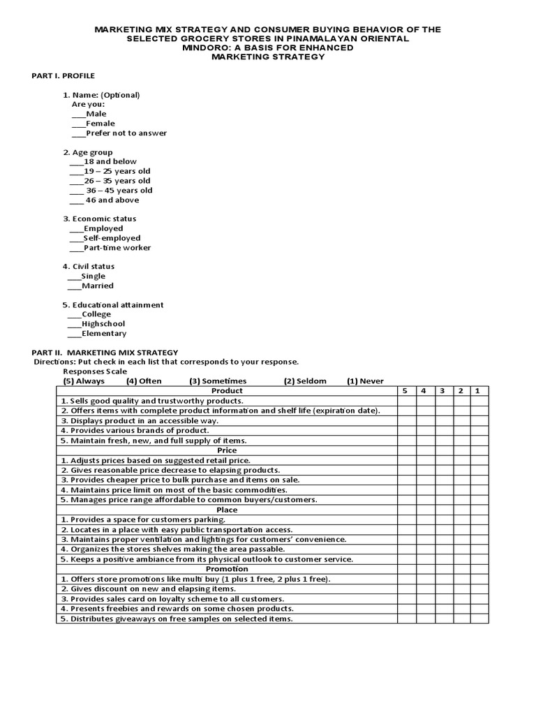 Thesis Bsba HM Questionnaire | PDF | Marketing | Retail