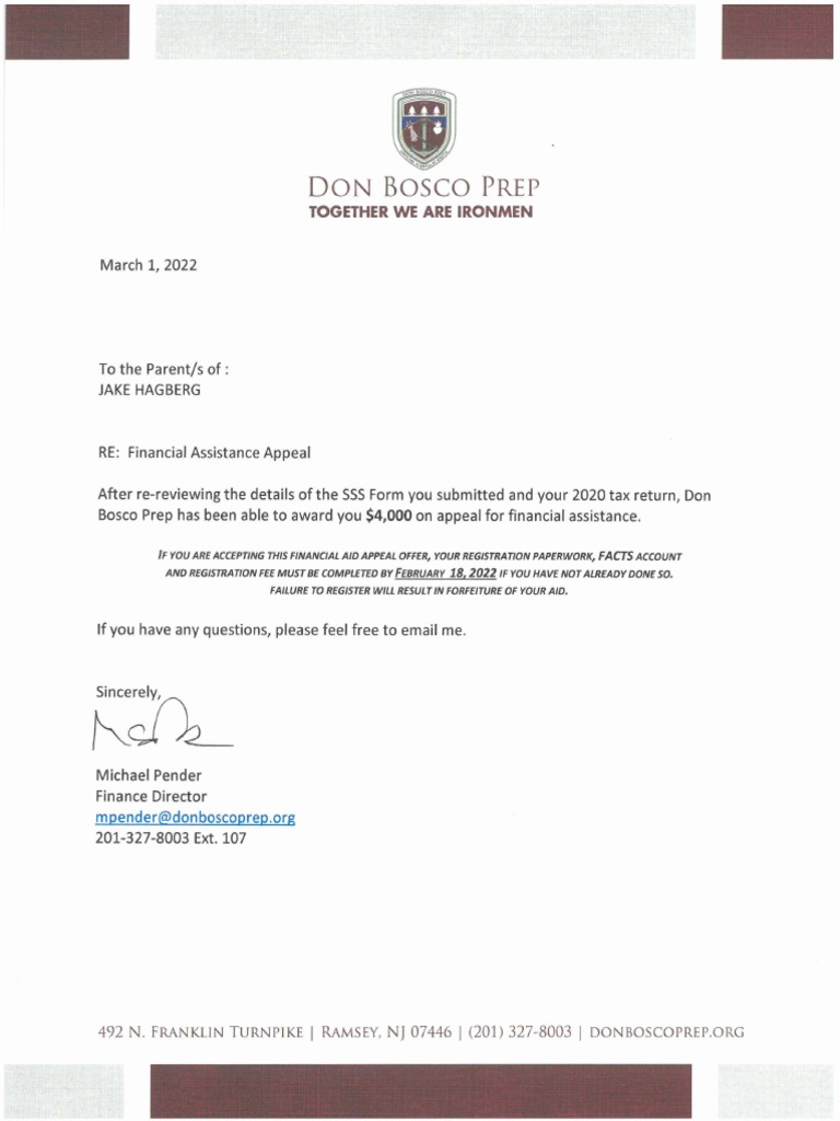 Don Bosco Prep Financial Aid Award Notice | PDF