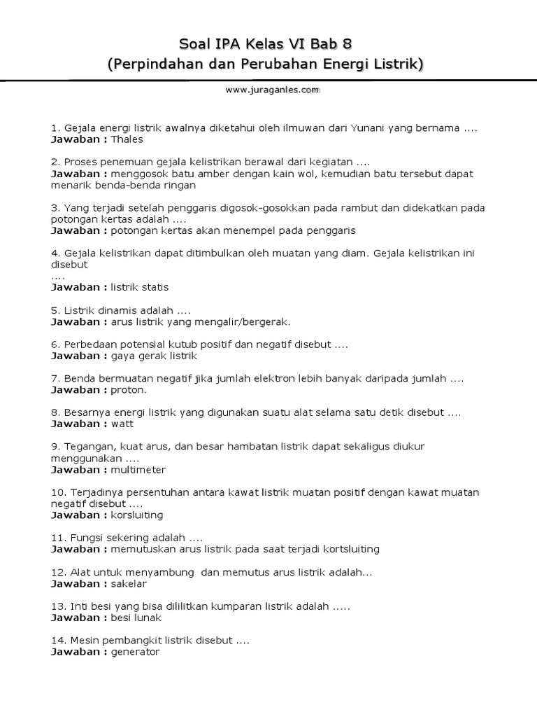 Soal IPA Kelas 6 Bab 8 (Perpindahan Dan Perubahan Energi Listrik) | PDF