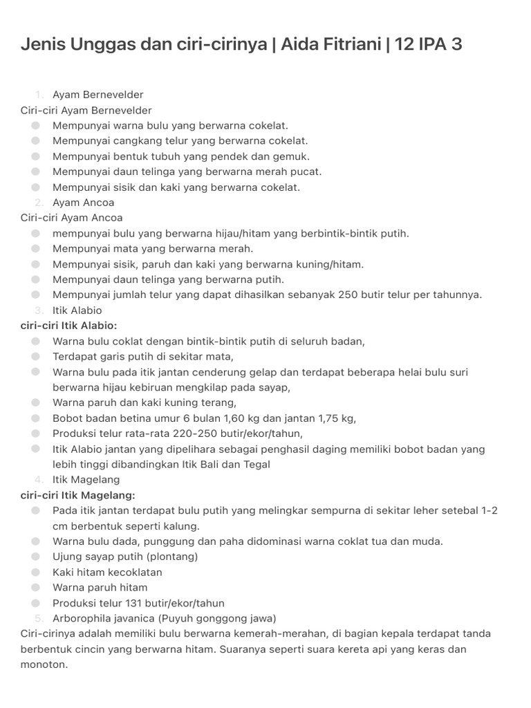 Jenis Unggas Dan Ciri-Cirinya - 12 IPA 3 | PDF