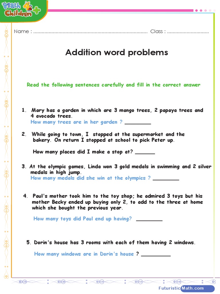 Sums Sentence Word Problems Worksheet | PDF