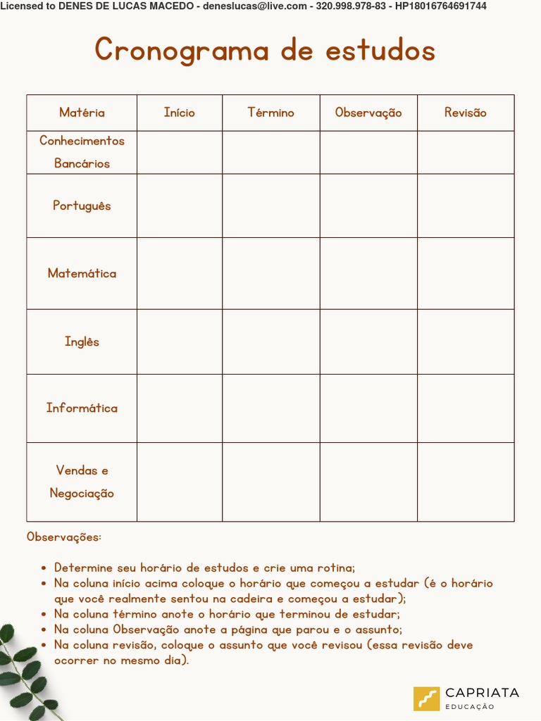 Cronograma de Estudos - Capriata Educação | PDF