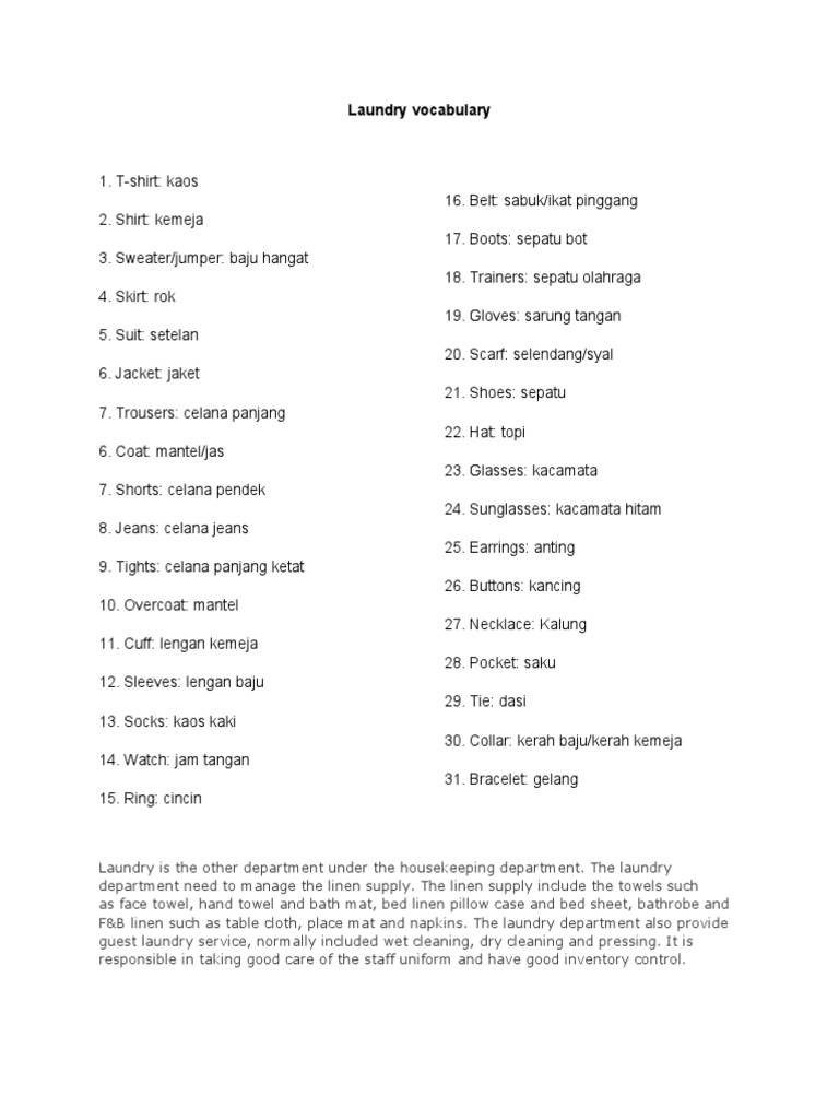 Laundry Vocabulary | PDF | Laundry | Linens
