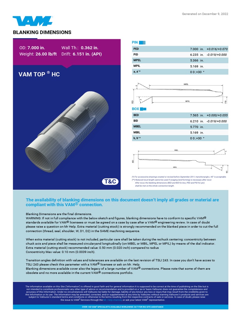 BLANKING VAM TOP ® HC 7in. 26lb-ft API Drift | PDF