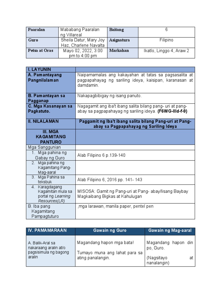 Filipino - MASUSING BANGHAY ARALIN | PDF