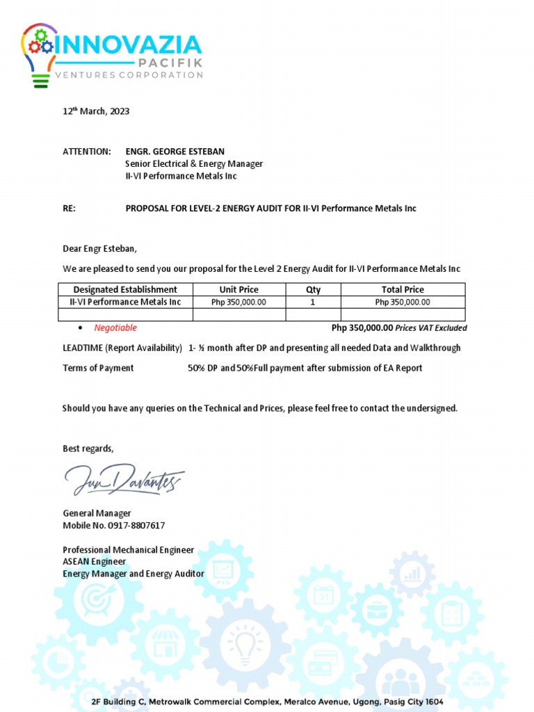 Level-2 Energy Audit Proposal for II-VI Performance Metals Inc | PDF