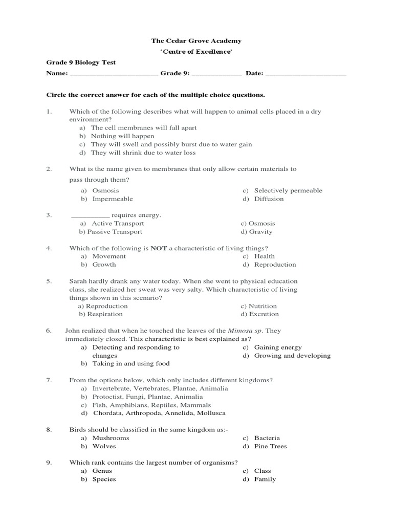 Grade 9 Test (March 2023) | PDF | Taxonomy (Biology) | Osmosis