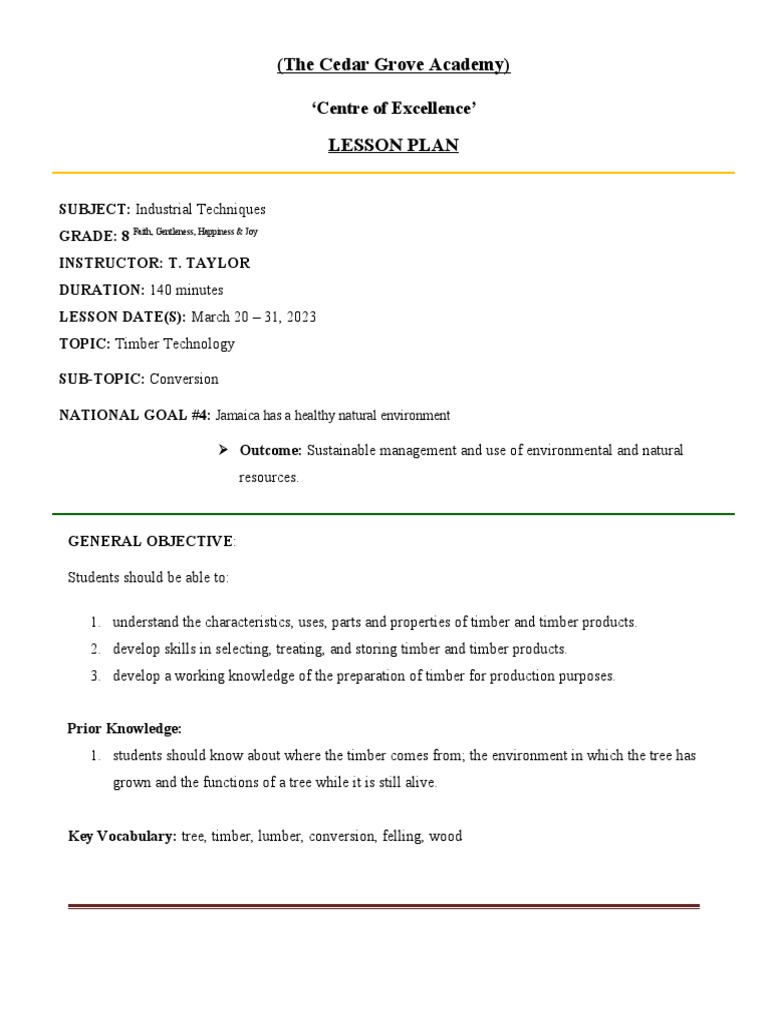 Timber Technology Lesson Plan for Grade 8 | PDF | Lumber | Teachers