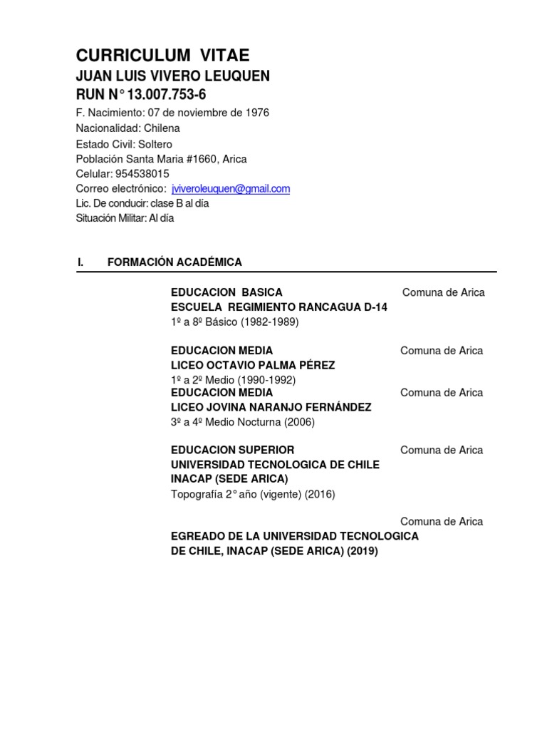 Curriculum Vitae: Juan Luis Vivero Leuquen RUN #13.007.753-6 | PDF
